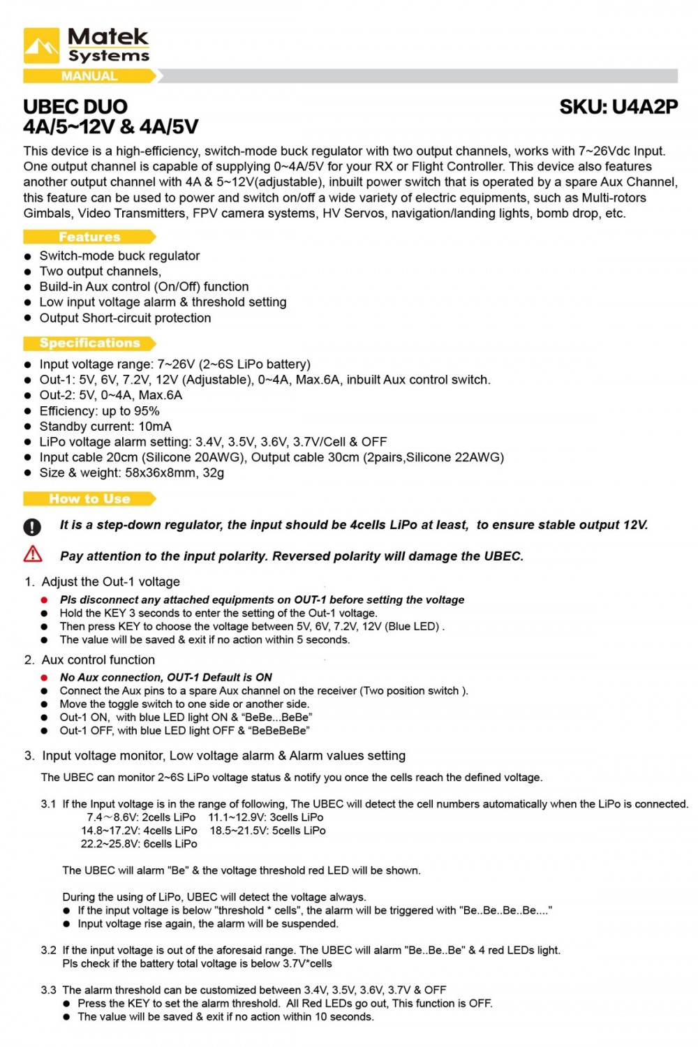 (EOL)UBEC DUO, 4A/5~12V & 4A/5V – MATEKSYS